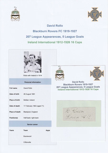 DAVID ROLLO BLACKBURN ROVERS IRELAND PORT VALE original autograph ...