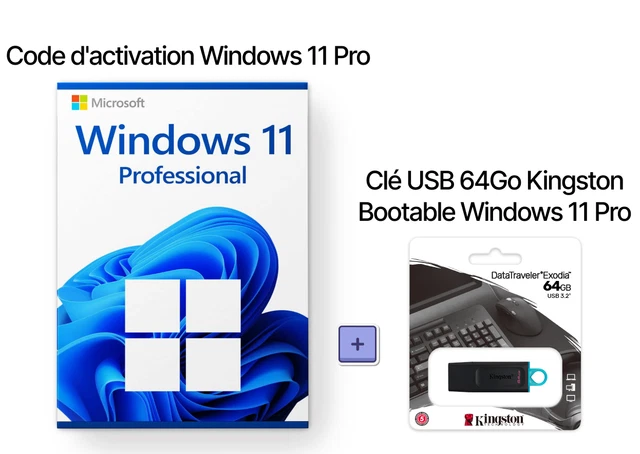 MICROSOFT WINDOWS 11 Pro - code d'activation et clé USB 64Go Kingston ...