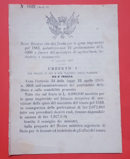 DECREE KINGDOM OF Italy Unforeseen Expenses of L. 6,000 in favor of the ...