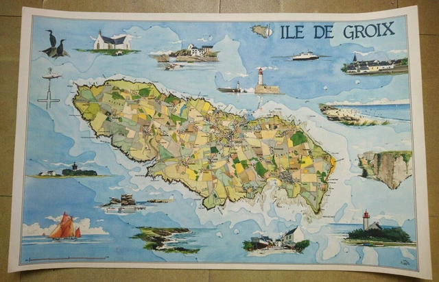 ANCIENNE GRANDE CARTE GEOGRAPHIQUE ILE DE GROIX 1987 de JC ARCILE ...