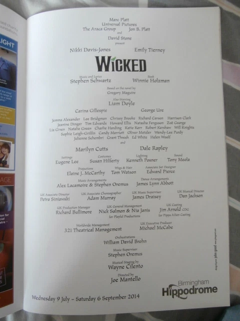 2014 SOUVENIR PROGRAMME of the popular musical 'Wicked' at Birmingham ...