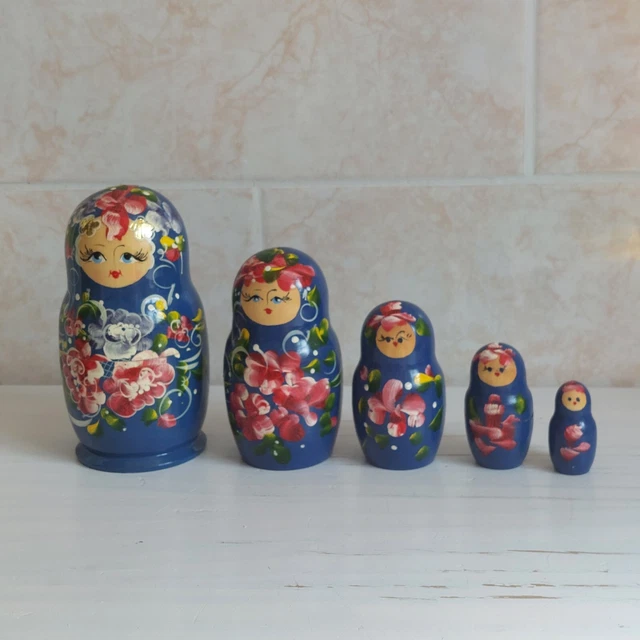 RUSSIAN NESTING DOLL Matryoshka Babushka 5pcs Set Blue Hand Painted ...