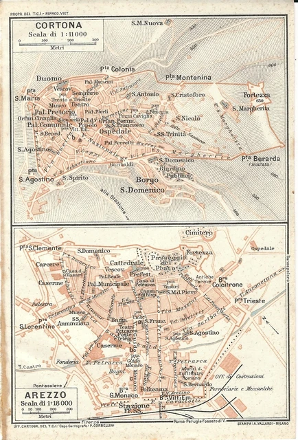 CARTA GEOGRAFICA ANTICA CORTONA AREZZO Piante di città TCI 1923 Old ...
