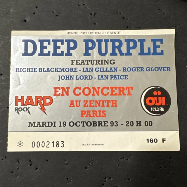 RARE / TICKET Billet De Concert - Deep Purple : Live A Paris ( France ...