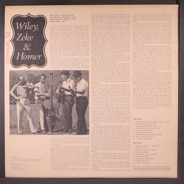 MORRIS BROTHERS & HOMER SHERRILL: wiley, zeke, and homer ROUNDER 12" LP ...