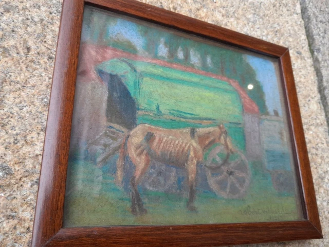 PASTEL SIGNÉ ROBERT Villard roulotte cheval cirque Quimper EUR 90,00 ...