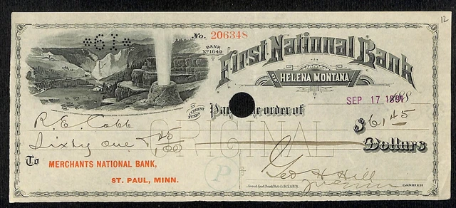 VIGNETTE À CHECK First National Bank of Helena, MT 1891 R. E. Cobb ...