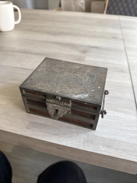 ANTIQUE CHINESE &KUT Hing" swatow pewter and teak lift-top TRINKET ...
