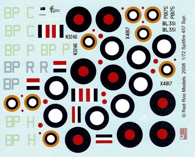 1/72 RAAF DECALS RRD-7253; Supermarine SPITFIRE Mk.I, IIa, Vb, 457 SQN ...