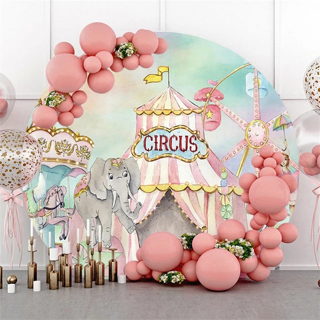 PINK CIRCUS ANIMALS Round Happy Birthday Party Backdrop $35.97 ...