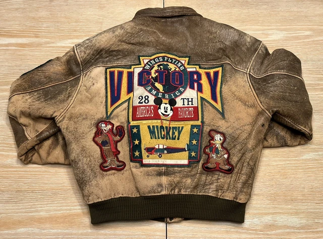 VINTAGE 90S DISNEY Victory Mickey Mouse Brown Leather Bomber Jacket ...