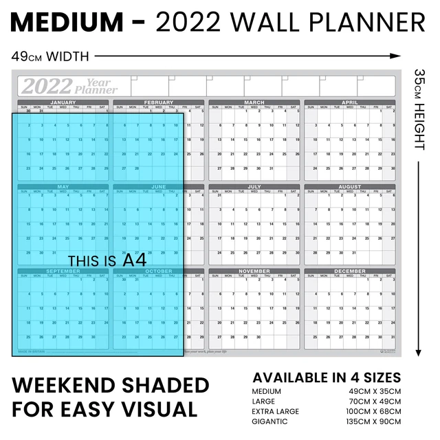 WALL CHART CALENDAR 2022 Year Planner 12 Months Grid Holidays Staff ...
