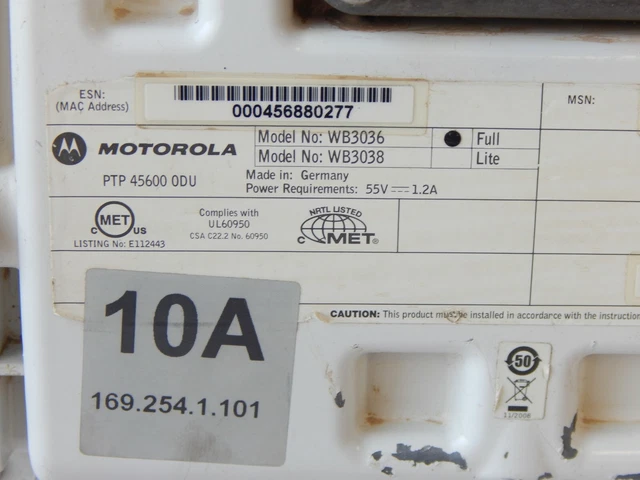 MOTOROLA WIRELESS ETHERNET Point to Point Bridge, ODU, PTP45600, WB3036 ...