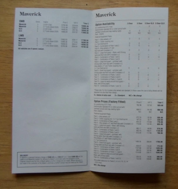 FORD MAVERICK ORIG 1993 UK Mkt Price List Brochure - GLX SWB LWB 4x4 £2 ...