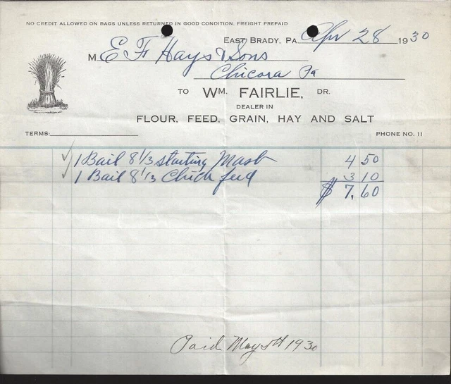 1930 WM. FAIRLIE Flour Feed East Brady Pa Receipt Antique Ephemera $11. ...