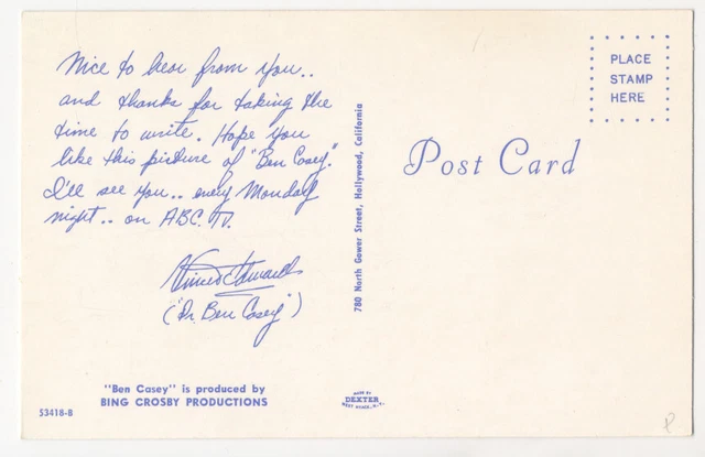 VINCE EDWARDS AS DR. BEN CASEY TV Show - 1960s Postcard £7.54 - PicClick UK