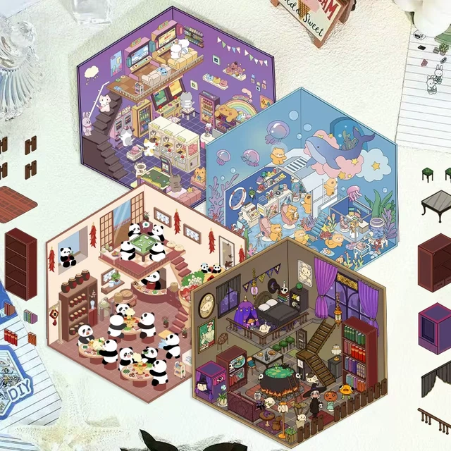 PET CARTOON SCENERY Stickers Cute Miniature World 3D House ...