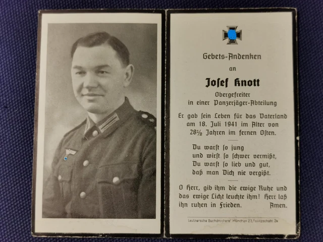STERBEBILD DEATH CARD Knott Josef Obergefr. Panzer Jäger Abteilung EUR ...