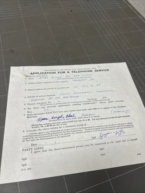 VINTAGE DOCUMENT APPLICATION FOR TELEPHONE SERVICE FIJI PMG 1960s ...