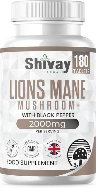 LIONS MANE MUSHROOM 2000mg – 180 Vegan Tablets – High Strength with ...