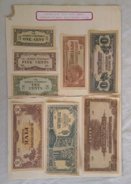 WW2 AUSTRALIAN JAPANESE Occupation of Malaya bank note set. 8 notes ...