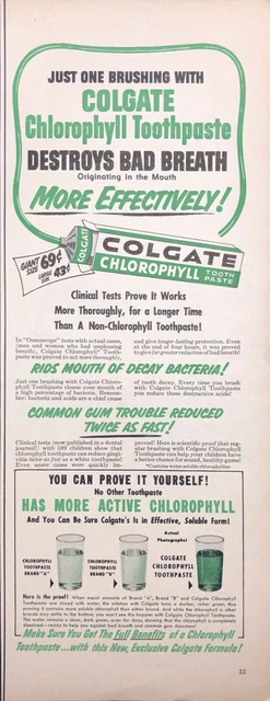 VINTAGE 1953 COLGATE Chlorophyll Toothpaste Destroys Bad Breath Print ...