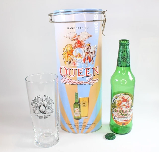 LIMITED EDITION TIN with Empty Bottle & Pint Beer Glass Queen Bohemian ...