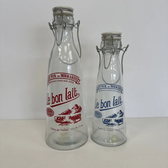 VINTAGE FRENCH LE Bon Lait Pur De Normandie Glass Milk Bottles Ceramic ...