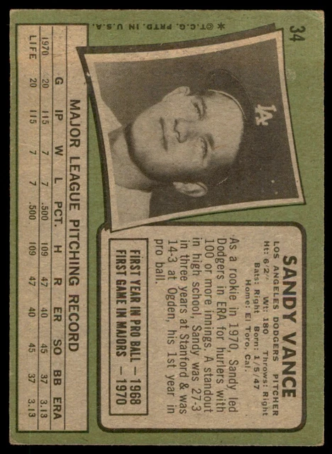 1971 TOPPS SANDY Vance recrue. Los Angeles Dodgers #34 EUR 4,04 ...