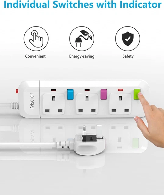 MSCIEN EXTENSION LEAD with Switches, 3 Way Plug Sockets with Overload ...