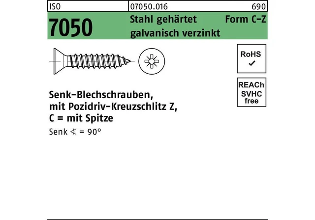 REYHER BLECHSCHRAUBE ISO 7050 SEKO m.Spitze/Kreuzschlitz-PZ 5,5x 16 -C-Z Stah... EUR 32,33 ...