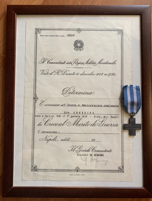 DIPLOMA ANNI 60 (raro) Croce al Merito di Guerra modello R. I. Nastro ...
