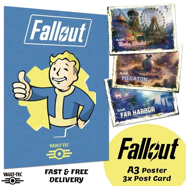FALLOUT VAULT-TEC A3 Poster & 3x Postkarten Set - Nuka World, Megaton ...