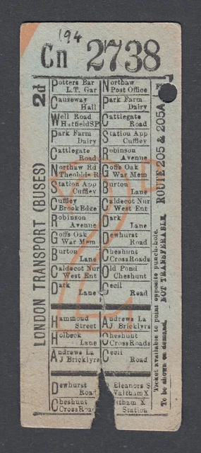 OLD TICKET LONDON Transport Buses Bus 2d Route 205 205A Potters Bar LT ...