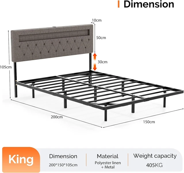 KING BED FRAME with RGB LED Lights/Charging Station, Floating ...