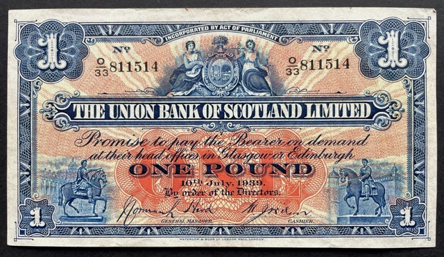 UNION BANK OF Scotland, 1939, One Pound Bank Note £19.44 - PicClick UK