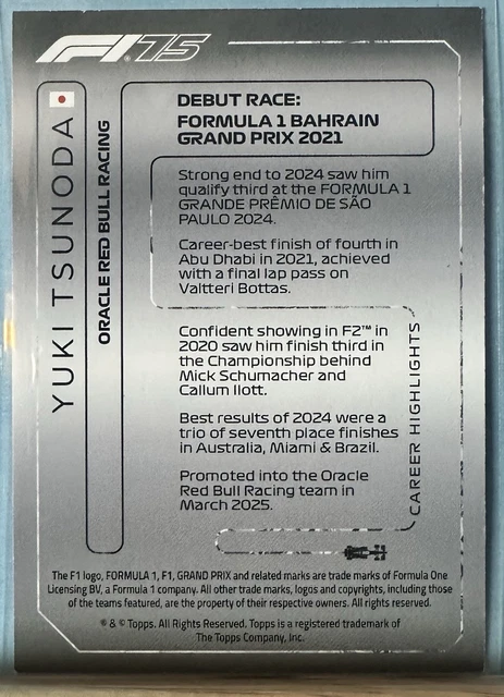 F1 TURBO ATTAX 2025 Diamond Pull No.316 Yuki Tsunoda Oracle Racing Formula 1 £4.36 - PicClick UK
