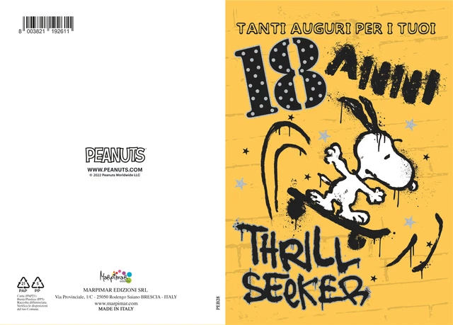 BIGLIETTO AUGURI COMPLEANNO Anni Snoopy 18 Anni Skate | Marpimar ...