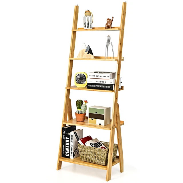 5-TIER LADDER SHELF Bamboo Bookshelf Bookcase Storage Organizer Plant ...