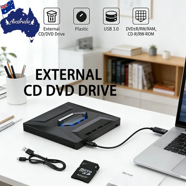 EXTERNAL CD DVD Burner Player Writer with USB 3.0 for Windows 11 10 PC ...