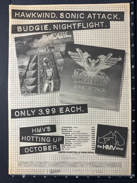 HAWKWIND BUDGIE SONIC ATTACK NIGHTFLIGHT 15X11" 1981 affiche d'annonce ...