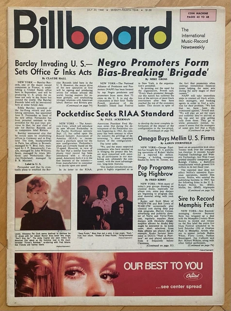BILLBOARD MAGAZINE-7/20/1968-OTIS REDDING, Rascals, Lulu, violet foncé ...