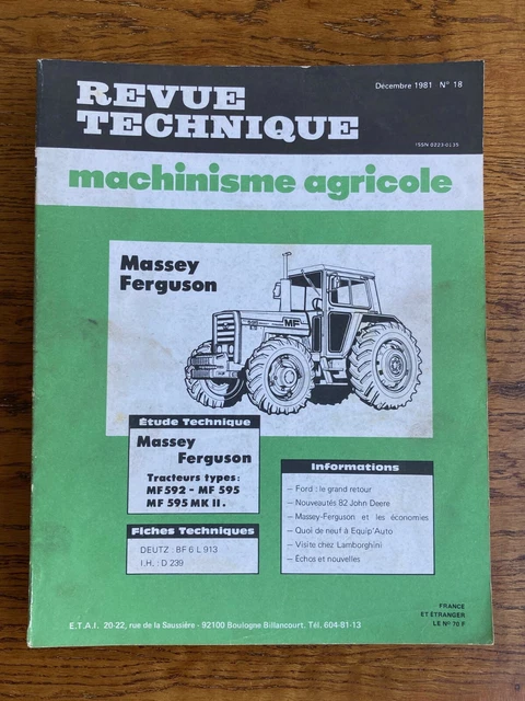 REVUE TECHNIQUE RTMA 18 Tracteur Massey Ferguson Mf 592 - Mf 595 - Mf 595 Mk 2 EUR 50,00 ...