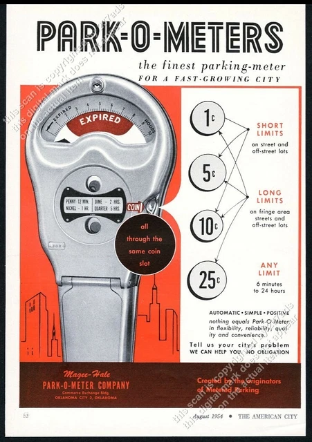 1954 PARK O Meter parking meter photo 4 coins art vintage trade print ...