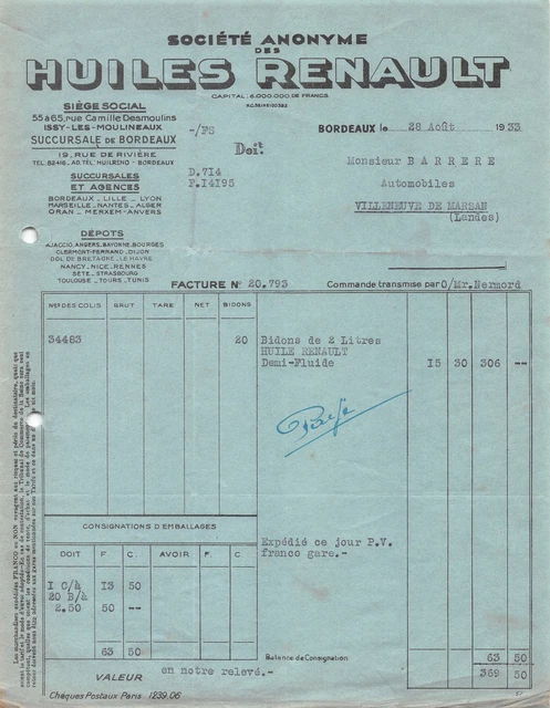 1933 FACTURE Huiles Renault Issy Les Moulineaux M.barrere Villeneuve De ...