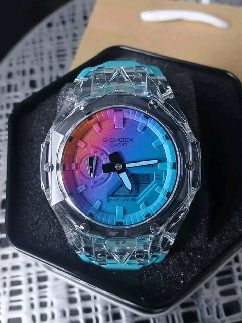 CASIO G-SHOCK GA-2100-1A2ER "Glacier" Cyan Rainbow Dial Custom Casioak ...