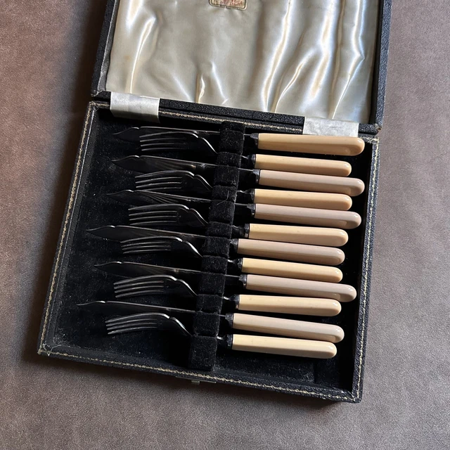 VINTAGE ANTIQUE BOXED Faux Bone Handled Fish Knives & Forks Set For 6 England $65.00 - PicClick AU