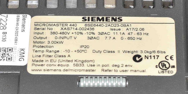 SIEMENS MICROMASTER 440 6SE6440-2AD23-0BA1 6SE6 440-2AD23-0BA1 400V 3KW ...
