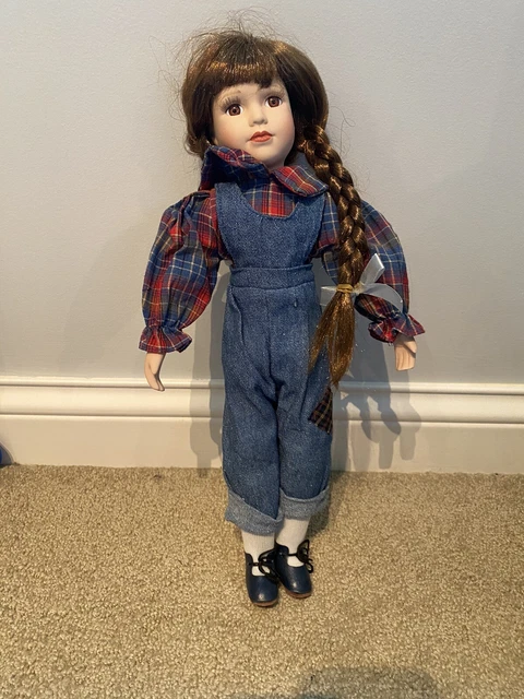 VINTAGE PORCELAIN DOLL With long braids, Denim Overalls And Red ...