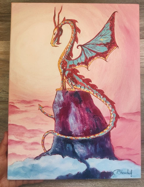 DRAGON ORIGINAL OIL Painting Animals Mythical Beast Sky Hand Painted ...